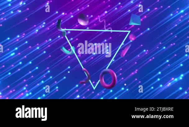 Animation of abstract 3d shapes over blue blinking background. Communication, data processing ...