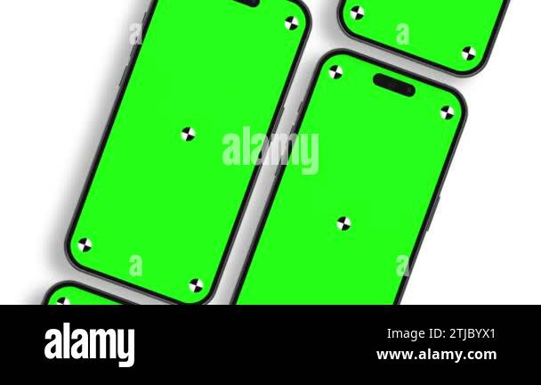 The smartphone's blank green screen with indicators flies in with ...