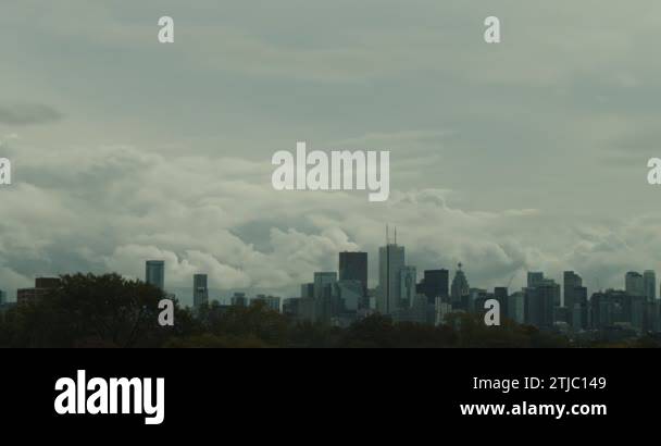 Extreme ultra wide view of the Toronto skyline on a stormy day with ...