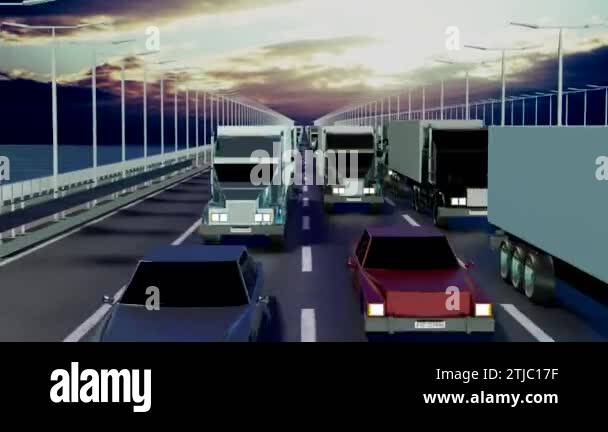 Cars driving on a bridge, rising camera - 3D 4k animation (3840x2160 px ...