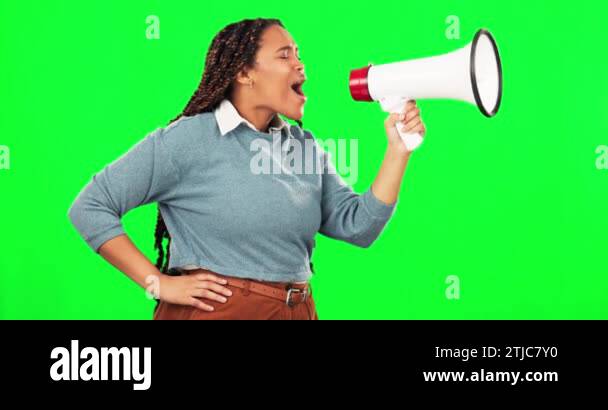 Rally, megaphone and woman shouting by green screen for human rights or ...