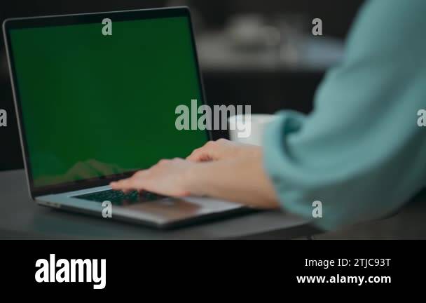 Businesswoman hands working green screen computer at office closeup ...