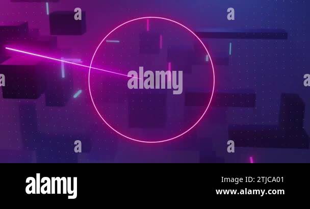 Animation of 3d cubes, squares, circles, triangles and purple background. Communication, data ...