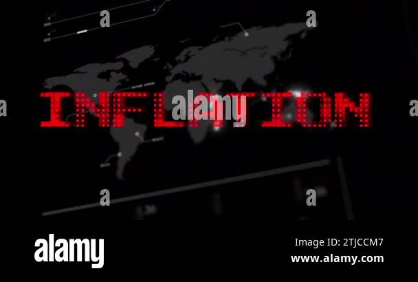 Animation of inflation text in red over globe, world map and data ...