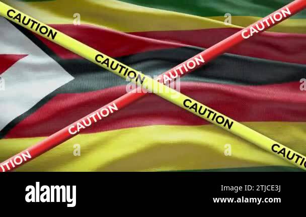 Zimbabwe national flag with caution tape animation. Social issue in ...