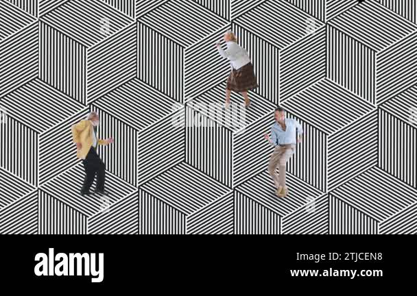 Music , dance, vision. Three people dancing rock-and-roll isolated over ...