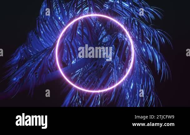 80s style palm tree with neon circle frame. 4K CGI animation. Seamless ...