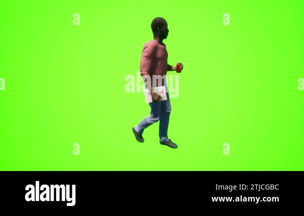 Black traveler man drinking and walking and buying books, realistic 3D ...