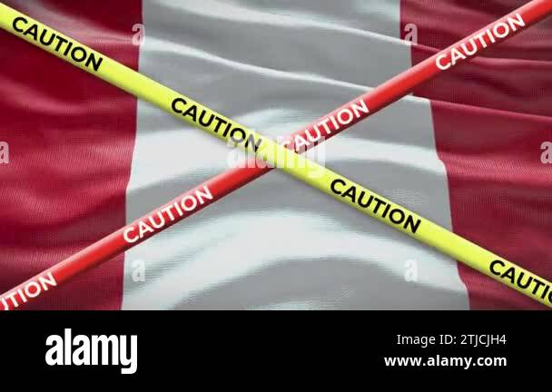 Peru national flag with caution tape animation. Social issue in country ...