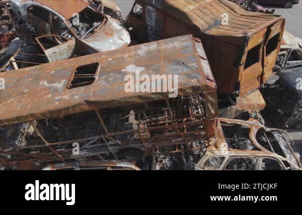 This stock video shows a dump of shot and burned cars in Irpin, Bucha ...