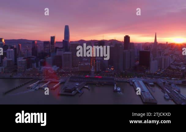 Aerial drone shot of San Francisco city skyline with waterfront ...