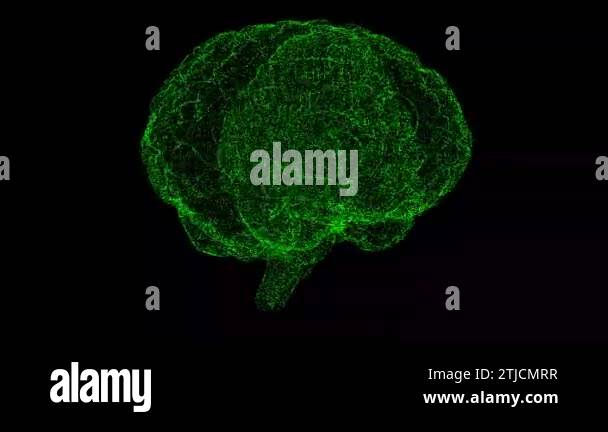 3d Brain Rotates On Black Bg Object Dissolved Flickering Particles Scientific Medical Concept