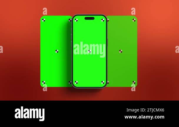 The smartphone's blank green screen with indicators flies in with ...