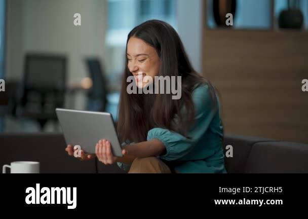 Laughing girl chatting computer taking break at lounge. Closeup happy chief using tablet at ...