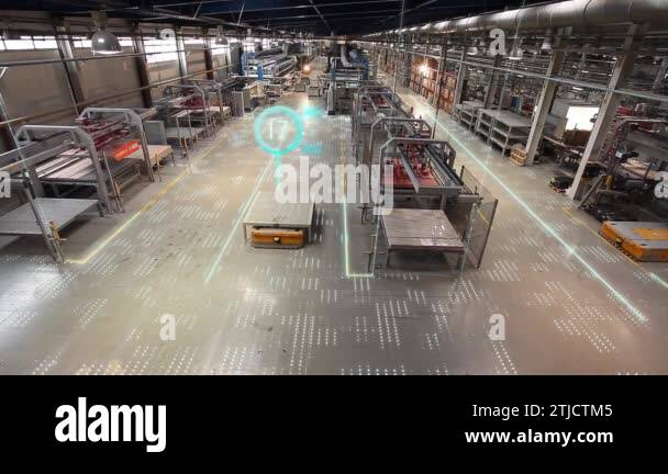 Automated factory with self-managed robots. Robots in an automated factory. Visualization of ...