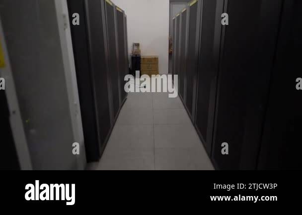 Working Data Center With Rows Of Rack Servers Neural Network Monitoring Super Computer Server