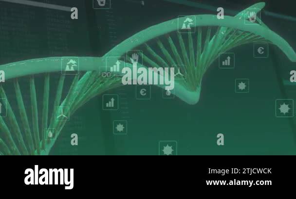Animation of dna strand spinning over ecology digital icons. Global science, data processing and ...