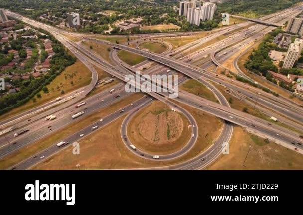 Highway aerial view. Speed ramps, expressway lanes roads and bridges. Aerial view of multilevel ...
