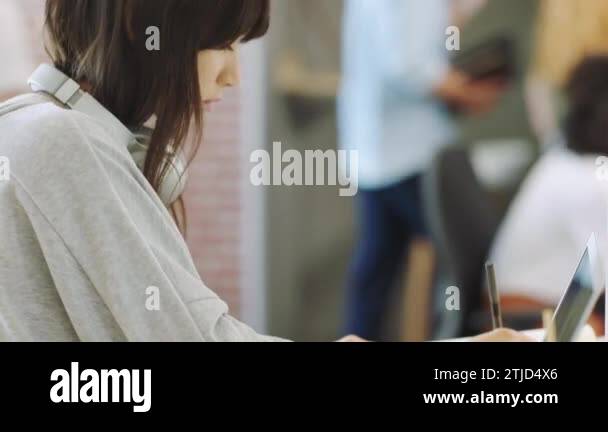 Asian woman writing, laptop and creative research design at web ...