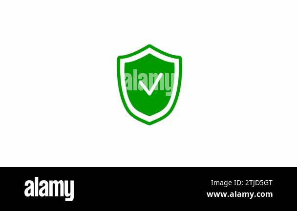 Animated green symbol of shield with check mark. Radiance from rays ...