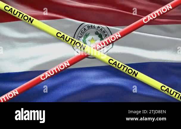 Paraguay national flag with caution tape animation. Social issue in ...