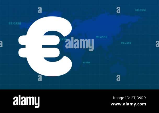 Animation of pink and white euro sign with moving numbers over digital ...