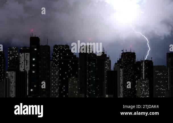 Severe storm breaks over megalopolis skyscrapers, heavy rain and ...