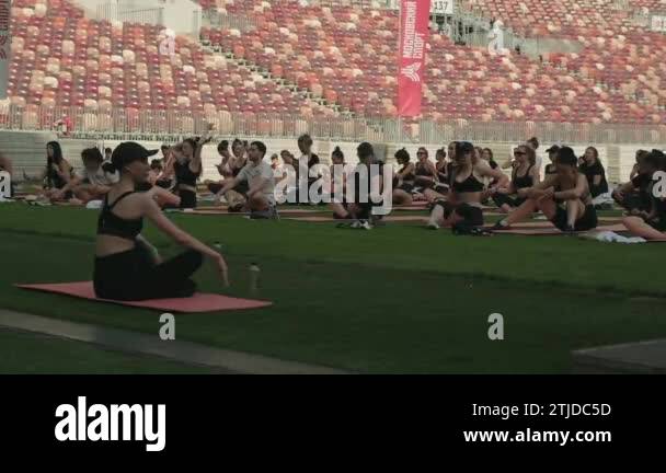 Moscow, Russia- October, 2022: Mass sport yoga event with crowd of ...