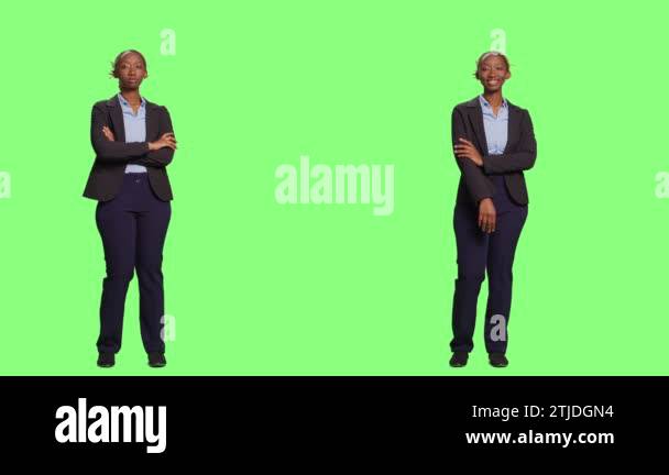 Full body green screen backdrop with business woman, standing over ...