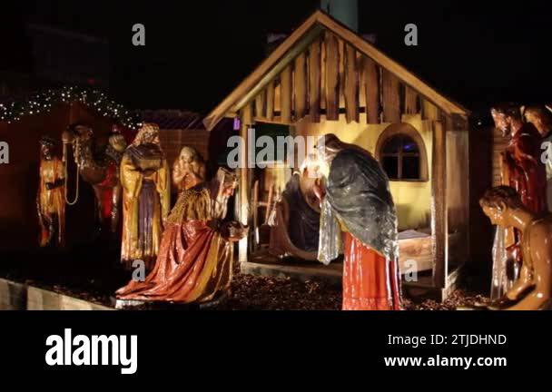 Nativity scene birth of christ. Christmas manger scene with figurines ...