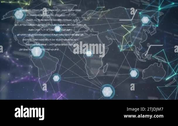 Animation of connected dots over computer language on map against black background. Digitally ...