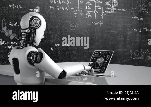 Robot hominoid use laptop and sit at table for engineering science studying using AI thinking ...