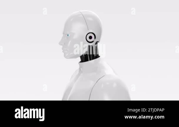 Half -body humanoid robot turning in loop, isolated white on white ...