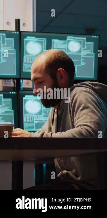 Vertical Video Young Man Hacking Password To Break Server Interface Using Virus To Infect 