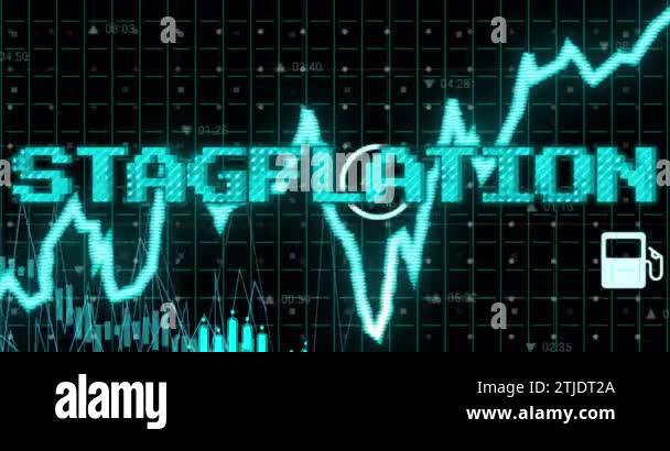 Animation of stagflation text in blue over graph and charts processing data. Global business ...