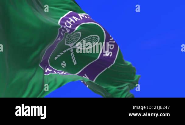 London, UK, May 2023: Wimbledon Championships flag waving on a blue ...
