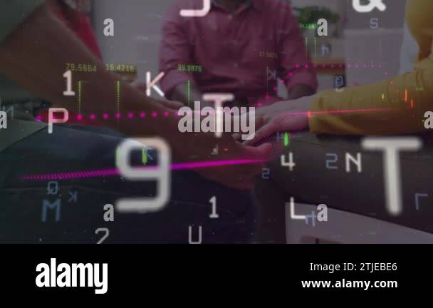 Animation of letters, numbers and graphs over diverse people sharing ...