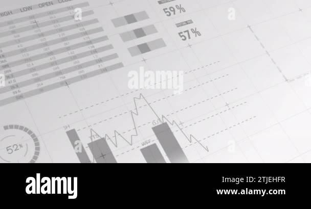 Animation of arrow icons moving downwards against statistical data processing on grey background ...