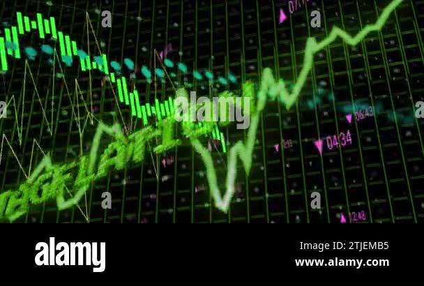 Animation of stagflation text in green over graph and charts processing data. Global business ...