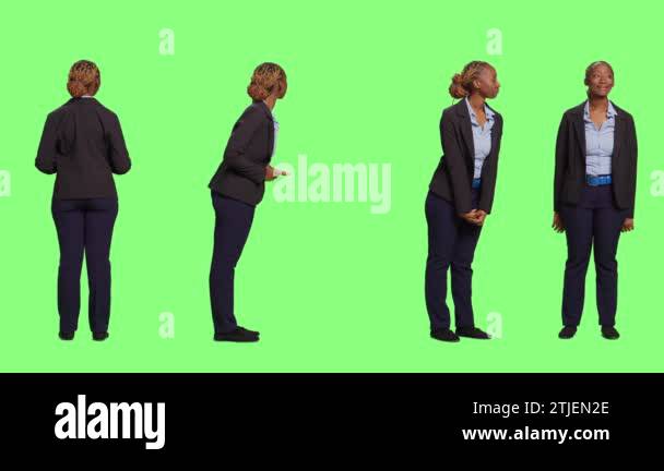 Business employee with suit waiting in line on greenscreen backdrop ...