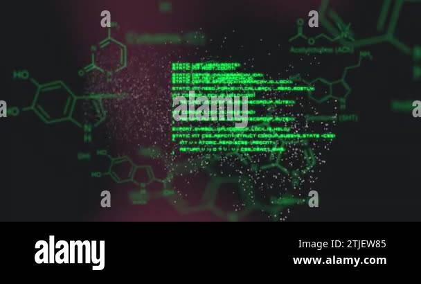 Animation of dna strand spinning over chemical structures and data processing. Global science ...
