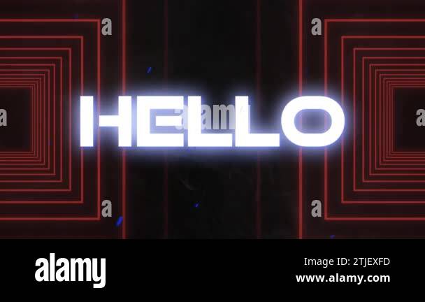 Animation of hello text in white over red concentric squares moving on ...