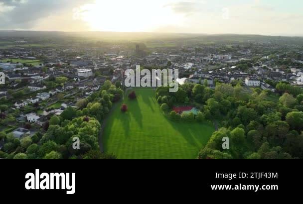 Arial. A flight towards Kilkenny Castle, through the green parkland of ...