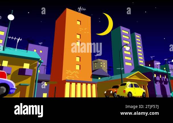 Night cartoon city with moving cars. 3D animation. 4K. 3840x2160 Stock ...