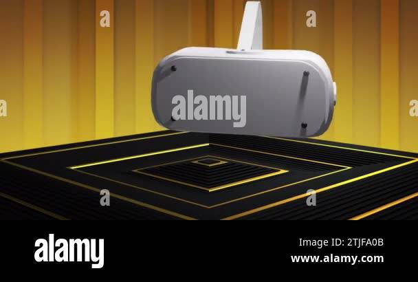 Animation of vr headset moving over black and gold podium on gold ...