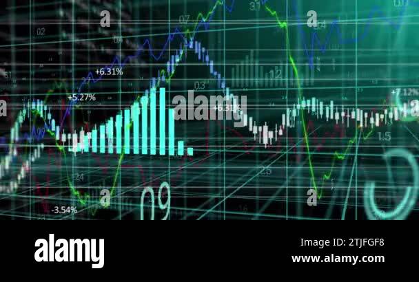 Animation of blue graph with charts and graphs processing data over ...