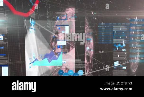 Animation of infographic interface over lens flare, digits, connected ...