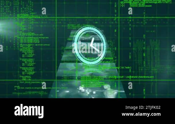 Animation of neon ticking clock over multiple screens of data ...