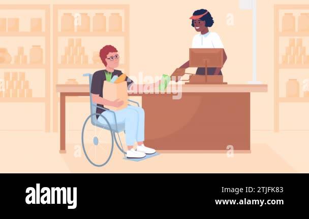 Animated buying goods illustration. Man with disability in supermarket ...