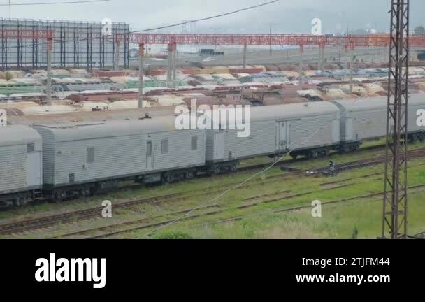 Railway cargo wagons on railroad. Depot of freight trains. Freight ...